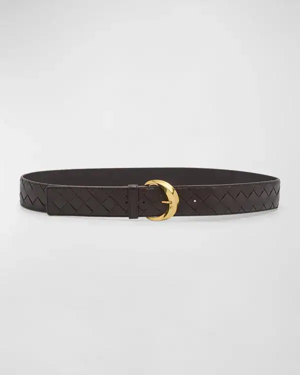 Bottega Veneta Bevel Buckled Woven Leather Belt Fondant M Brass