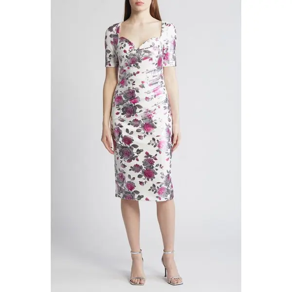 Black Halo Amandalee Floral Satin Cocktail Sheath Dress Sweet