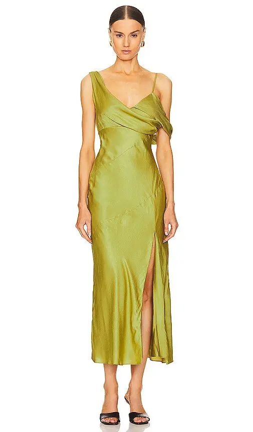 NICHOLAS Finley Asymmetrical Draped Midi Dress - Moss