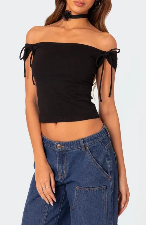 EDIKTED Jess Tie Sleeve Off The Shoulder Crop Top