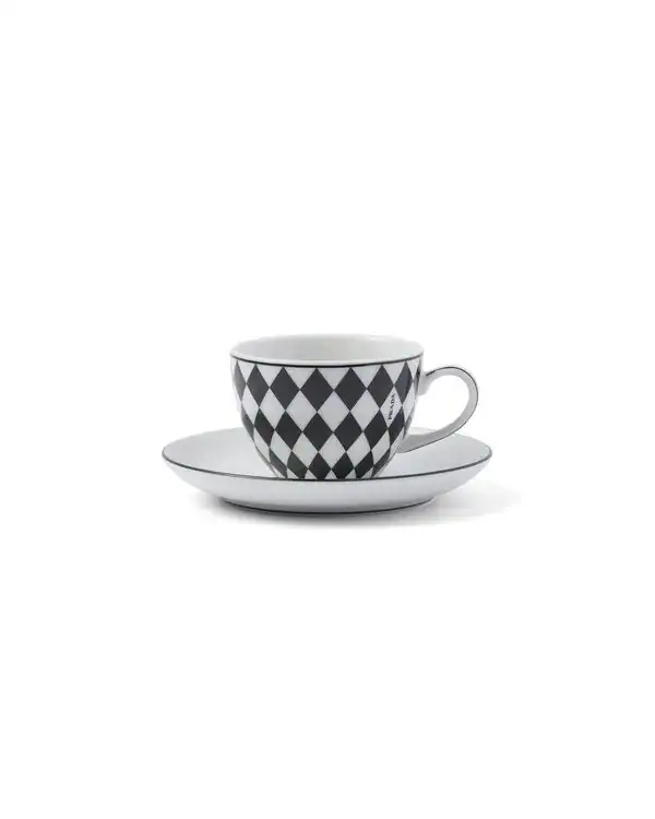 Prada Set Of Four Porcelain Espresso Cups Checkerboard - White