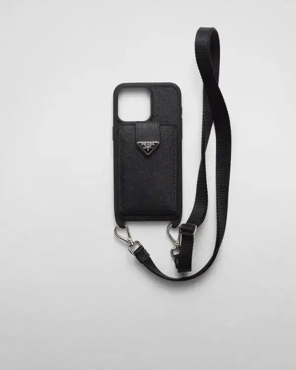 Prada Saffiano Leather Cover For Iphone 15 Pro Max - Black