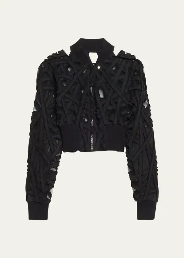 Rick Owens Cutout Denim And Tulle Cropped Bomber Jacket - Black 