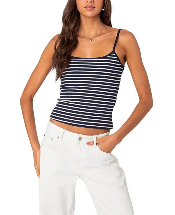 EDIKTED Gretta Striped Ribbed Tank Top - Navy And White