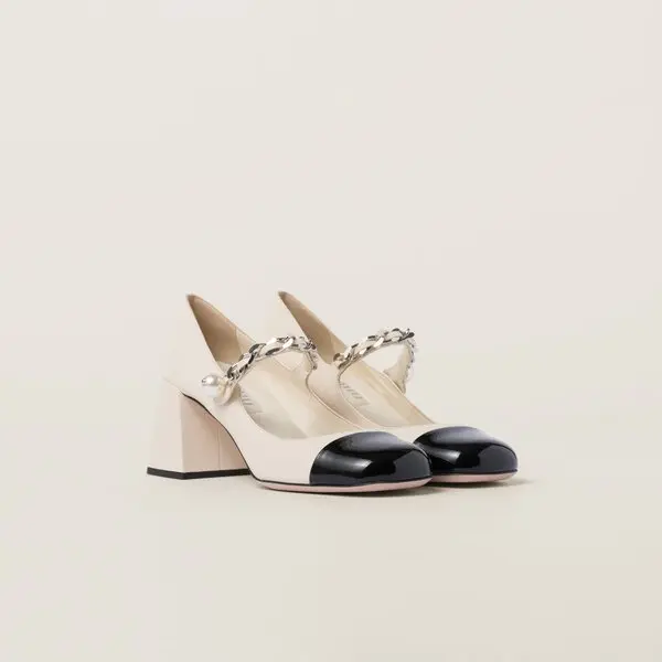 Miu Miu Leather Mary Jane Pumps - Ivory/black