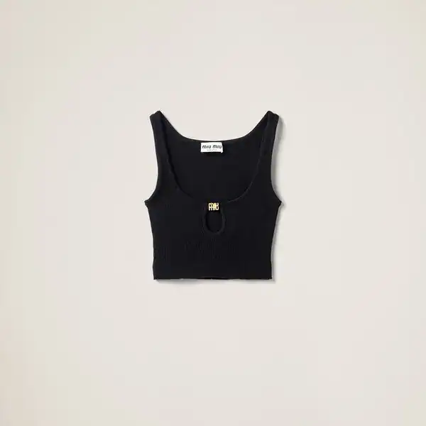 MIU MIU ブラック タンクトップ 38 Miu Miu Cropped logo-knit Tank Top | Black | FARFETCH