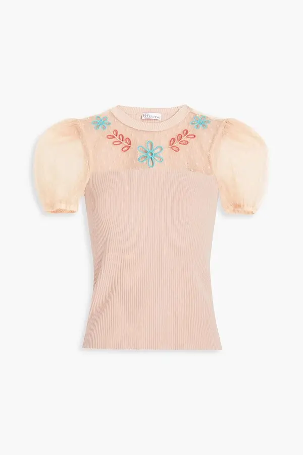 Red Valentino Embroidered Point D'esprit And Ribbed-knit Top
