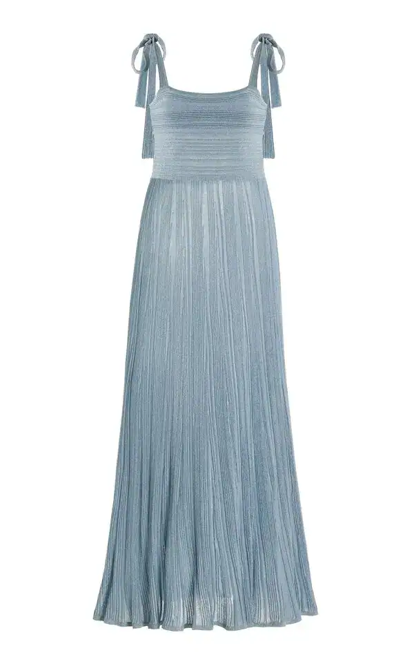 Zimmermann Waverly Pleated Metallic Knit Maxi Dress In Blue 50