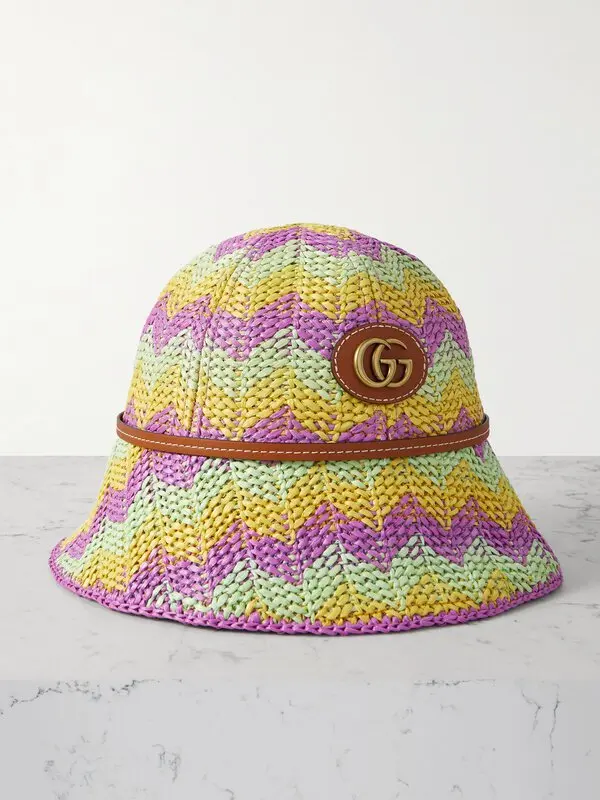 Gucci Embellished Leather-Trimmed Straw Bucket Hat - Multi  display picture 2