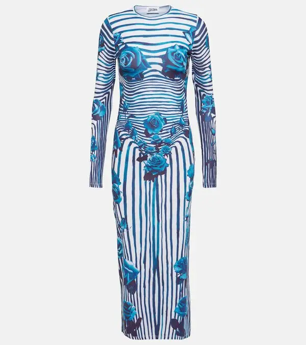 Jean Paul Gaultier Striped Floral Jersey Midi Dress