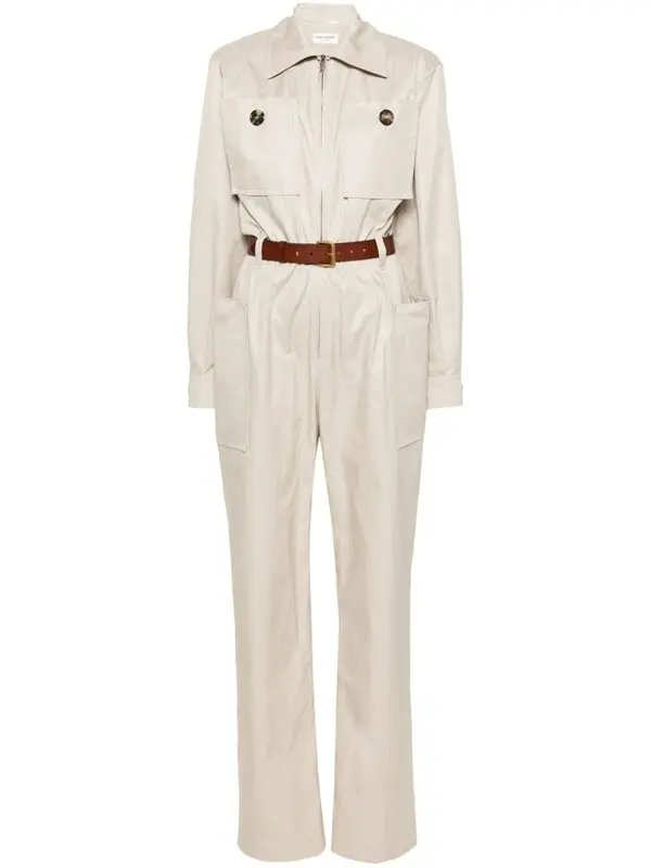 Saint Laurent Belted Cotton Jumpsuit - Neutrals