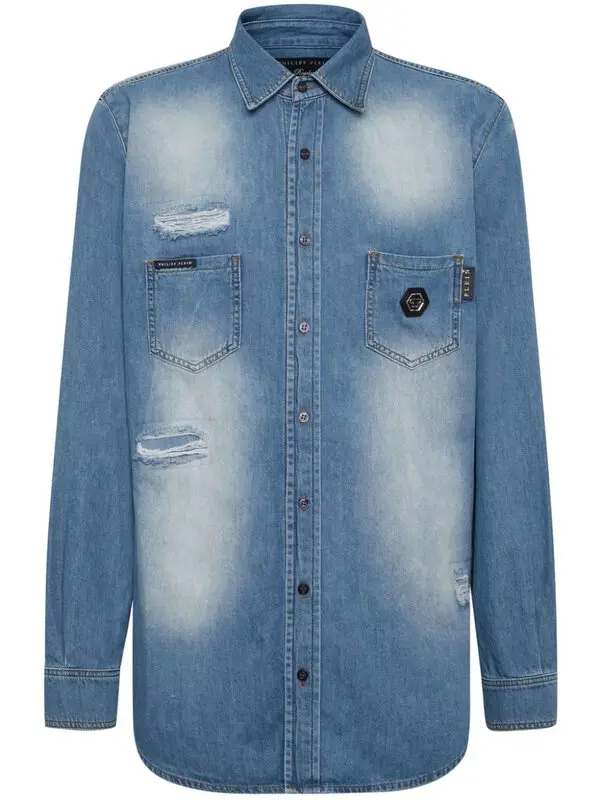 Philipp Plein Crystal Skull Denim Shirt In Blue - 55% Off 