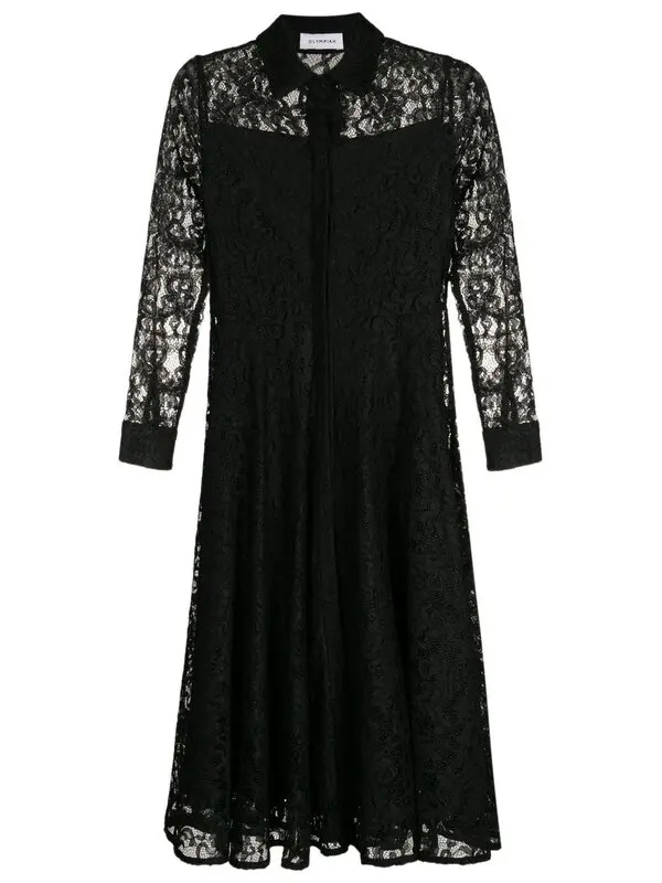 OLYMPIAH Branch Lace Trim Midi Dress - Black