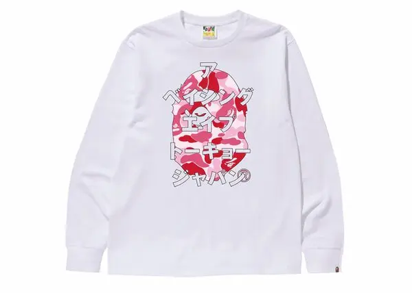 BAPE Abc Camo Japanese Letters Long Sleeve Tee Shirt - White/pink