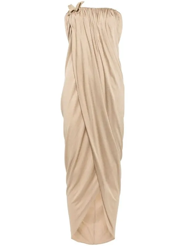 Blumarine Asymmetric Draped Dress With Butterfly Pin - Neutrals