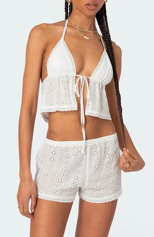 EDIKTED Eyelet Tie Front Halter Top - White