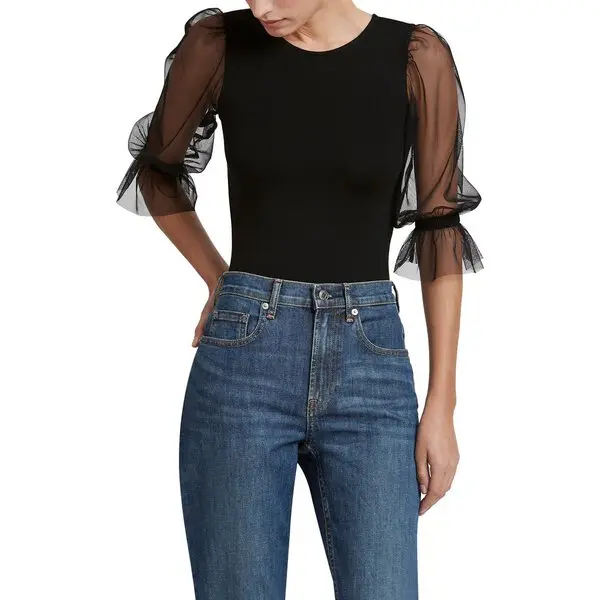 MARCELLA Bellerose Mixed Media Mesh Sleeve Bodysuit
