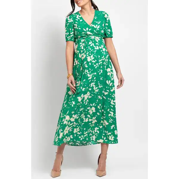 Seraphine Floral Tie Waist Maternity/Nursing Midi Dress - Green Print |  Editorialist
