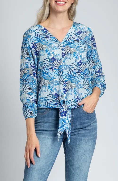 APNY Print V-neck Tie-front Top - Blue Multi