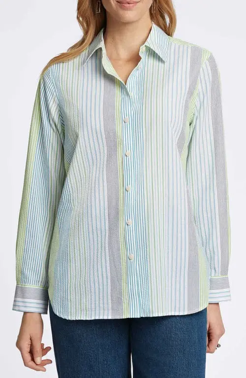 Foxcroft Relaxed Variegated Stripe Seersucker Button-up Shirt