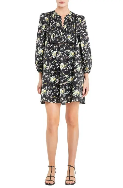 English Factory Floral Print Pintuck Minidress - Black Multi