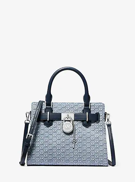Michael Kors Hamilton Small Logo Embossed Washed Denim Satchel In