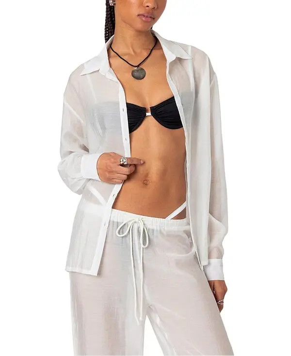 EDIKTED Breezy Oversized Sheer Button Up Shirt