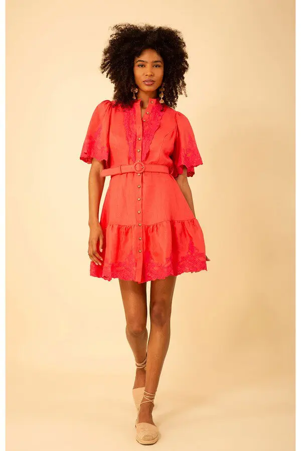 Hale Bob Haven Embroidered Linen Dress - Red / Orange