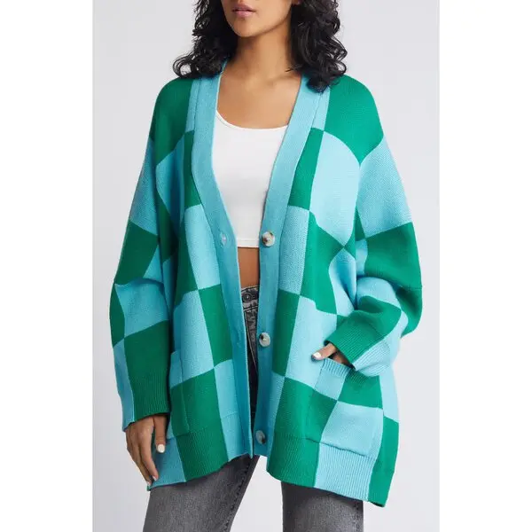 DRESSED IN LALA Oversize Checkerboard Cardigan - Emerald/ Sky