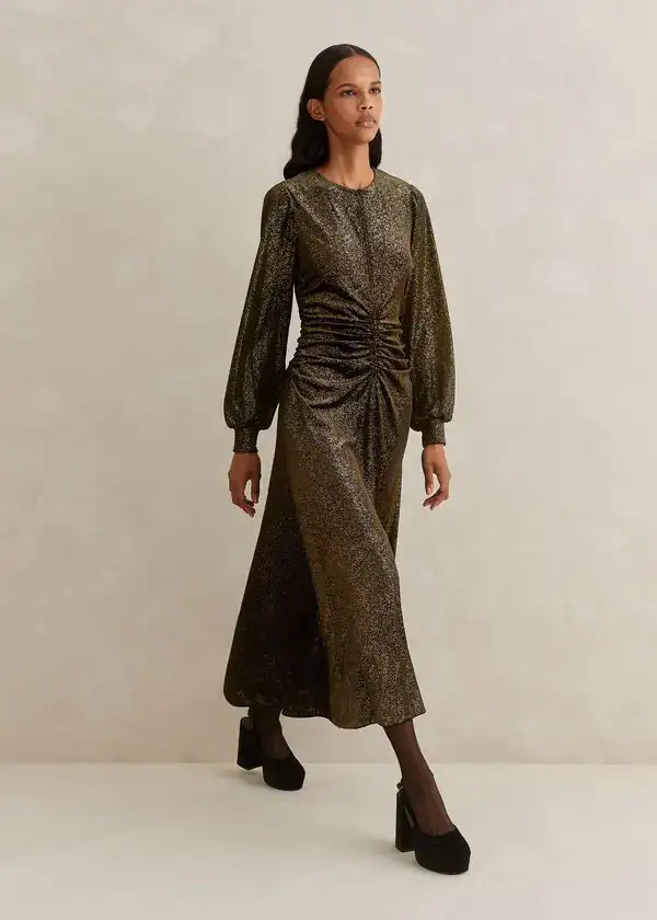 Me+Em Glitter Stretch Velvet Ruched-Front Maxi Dress In Black/Gold - 50%  Off | Editorialist