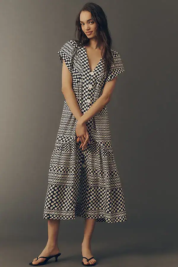 Anthropologie Rene Flutter-Sleeve Linen Button-Front Midi Dress - Black &  White Pattern | Editorialist