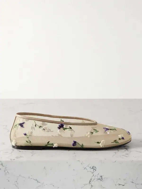 Khaite Marcy Embroidered Mesh Ballet Flats - Neutral | Editorialist