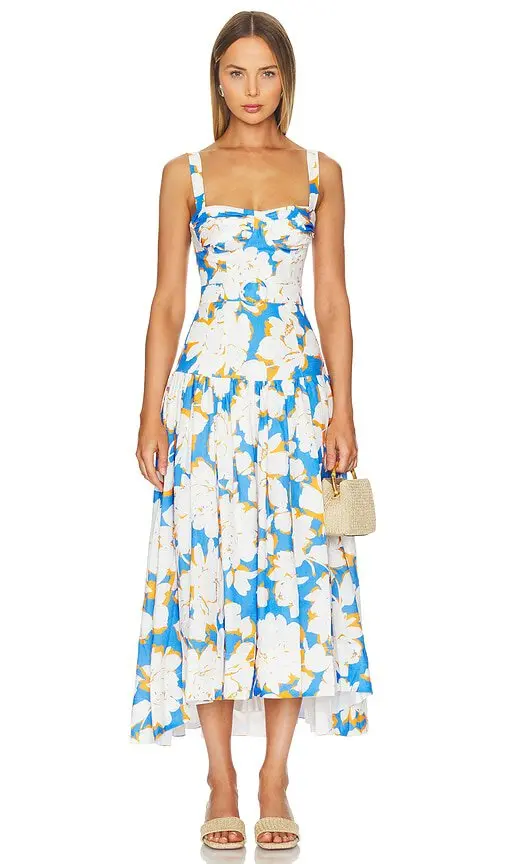 Nicholas Drenica Drop Waist Corset Midi Dress In Santorini Print - 47% Off  | Editorialist