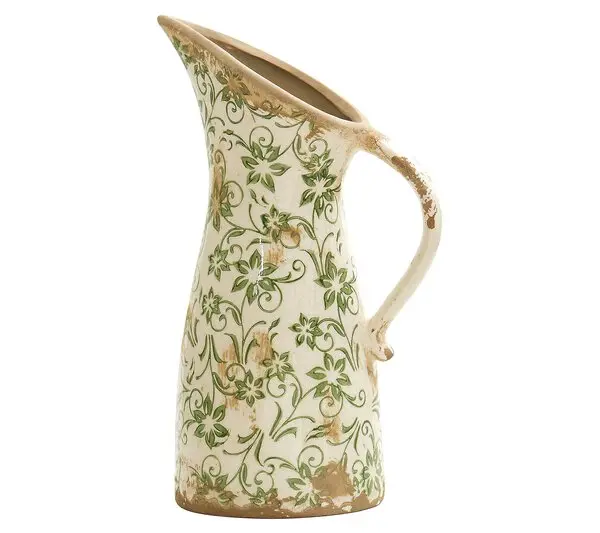 NEARLY NATURAL 10' Tuscan Ceramic Green Scroll Tcher Vase