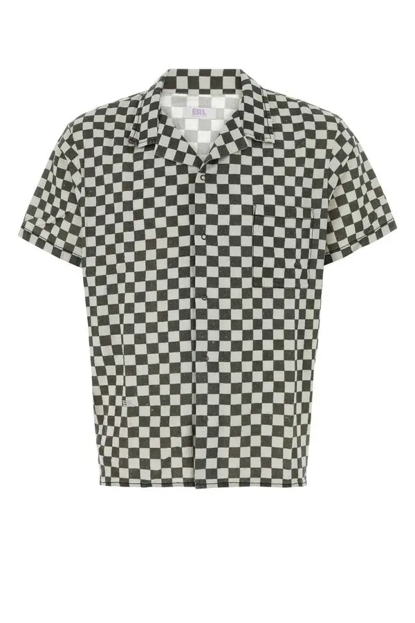ERL Black And White Bowling Shirt With Check Motif In Cotton And Linen - Grey
