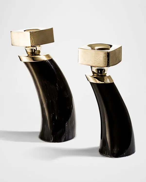 LADORADA Dark Bull Horn Candlestick Holders, Set Of 2