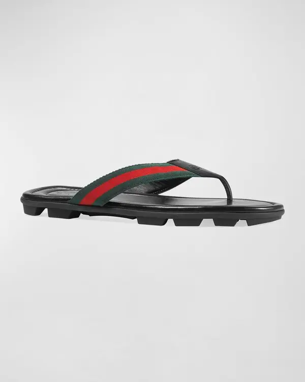 Gucci Web Leather Thong Sandals - Blk/grn/red