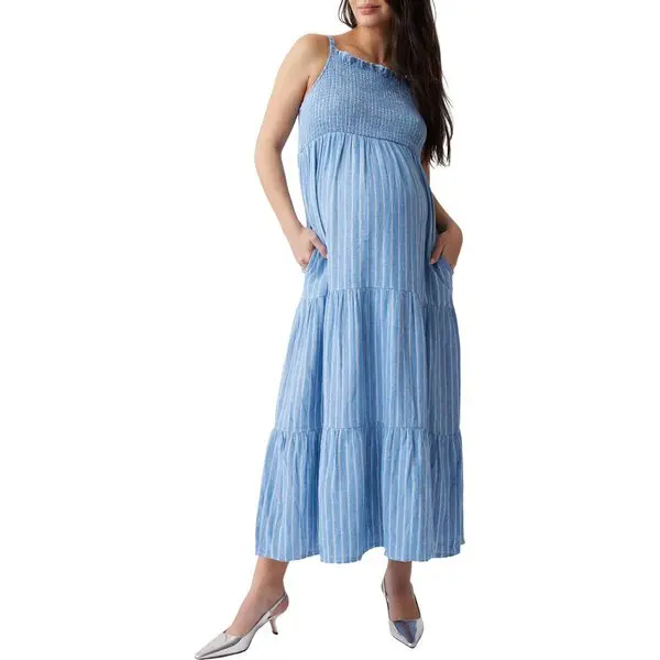 INGRID & ISABEL® Smocked Linen Blend Maternity Maxi Dress - Blue/white Stripe