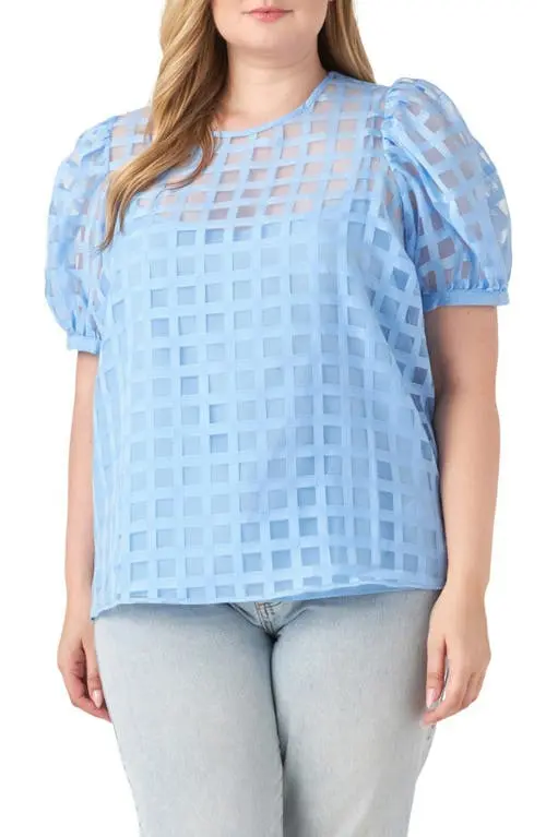 English Factory Sheer Plaid Top With Puff Sleeves