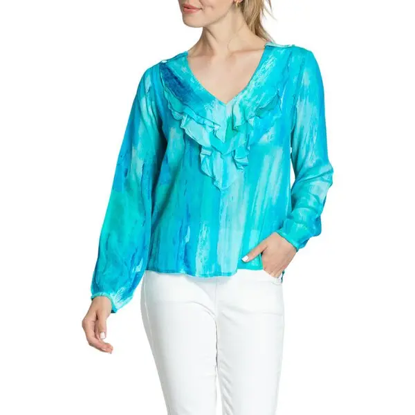 APNY Watercolor Print Ruffle V-neck Chiffon Top - Aqua
