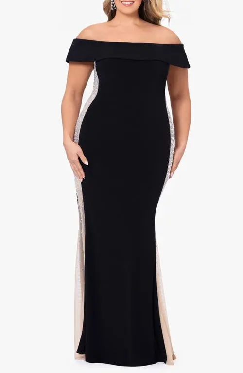 XSCAPE EVENINGS Caviar Beaded Off-the-shoulder Gown