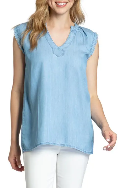 APNY Sleeveless Fringed Chambray Blouse