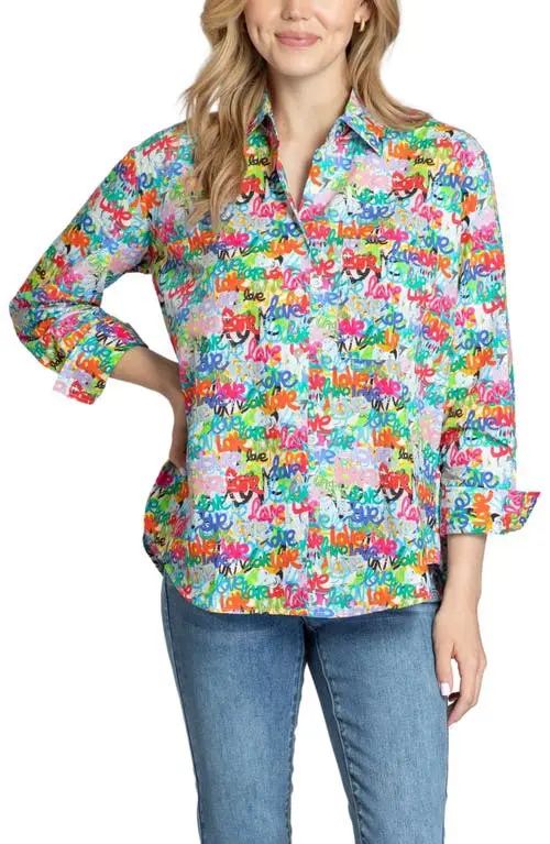 APNY Feather Print Oversized Shirt - White/pink Multi