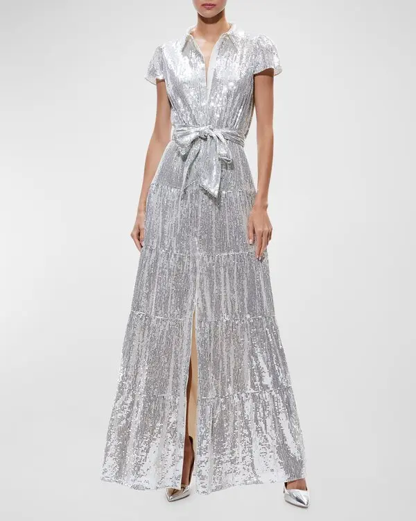 Alice Olivia Miranda Short-Sleeve Sequined Maxi Dress Silver