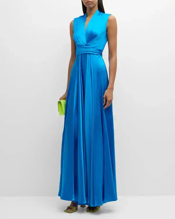 E.Stott Sadie Wrap-Front Silk Satin Gown - Azure | Editorialist
