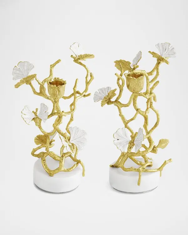 Michael Aram Butterfly Ginkgo White & Gold Candleholders, Set Of 2 - White And Gold