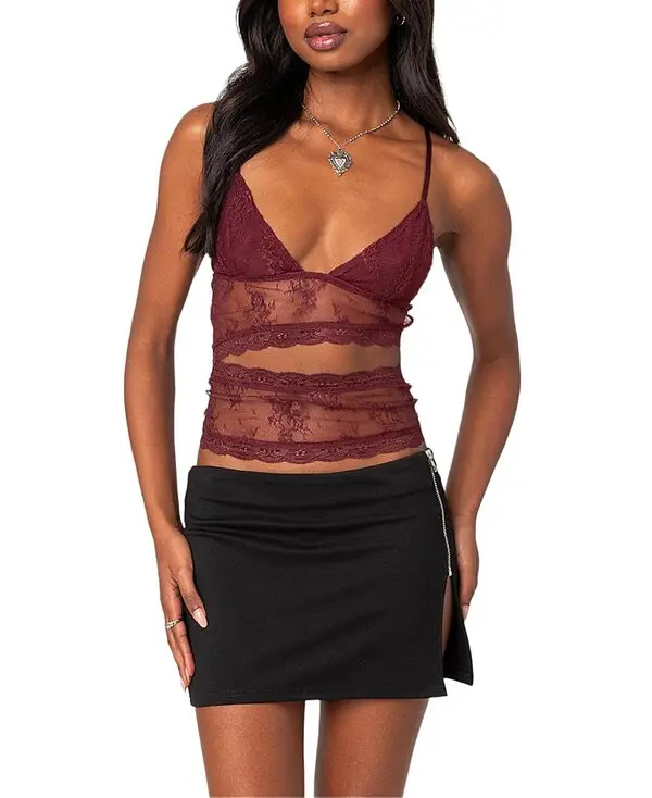 EDIKTED Spice Cut Out Lace Tank Top - Burgundy