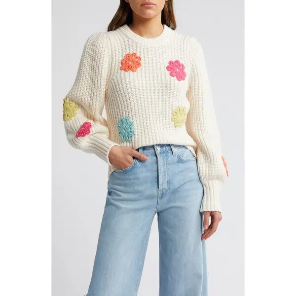 Rails Romi Floral Crochet Crewneck Sweater