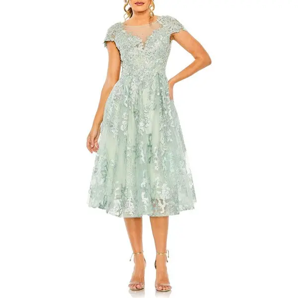 Mac Duggal Embroidered Cap Sleeve Midi Dress - Sage | Editorialist