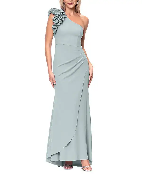 Aqua One Shoulder Ruffle Crepe Gown - Sage | Editorialist